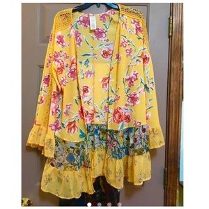 Time and Tru | Jackets & Coats | Yellow Floral Ruffle Bell Sleeve ...